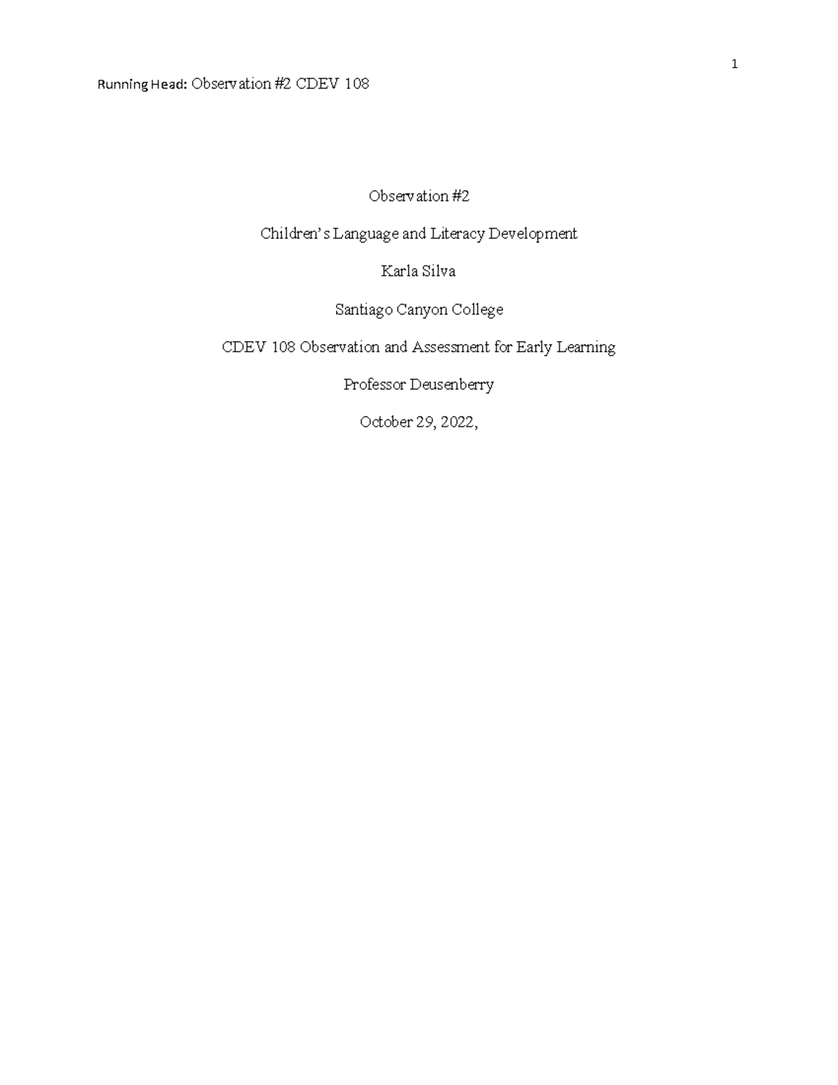 CDEV 108 Observation #2: Children's Language and Literacy Growth - Studocu