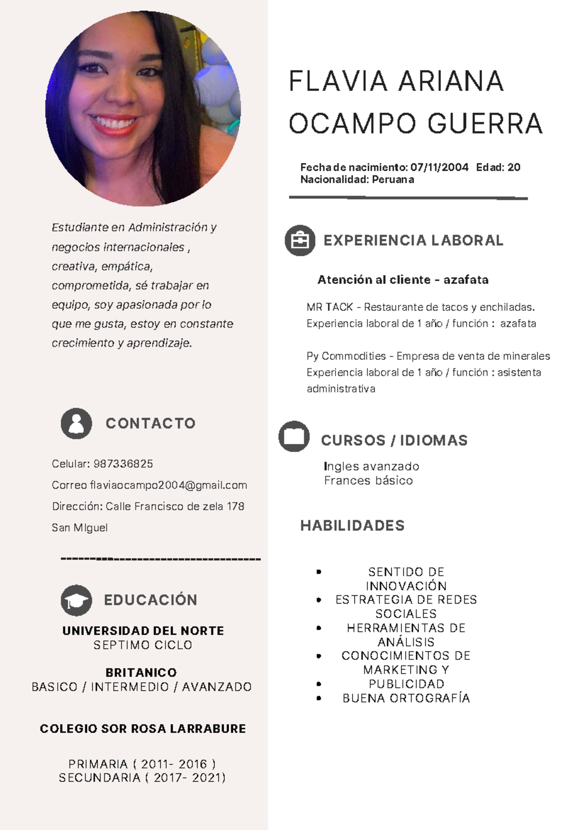CV Profesional - Flavia Ariana Ocampo Guerra - Administración y ...