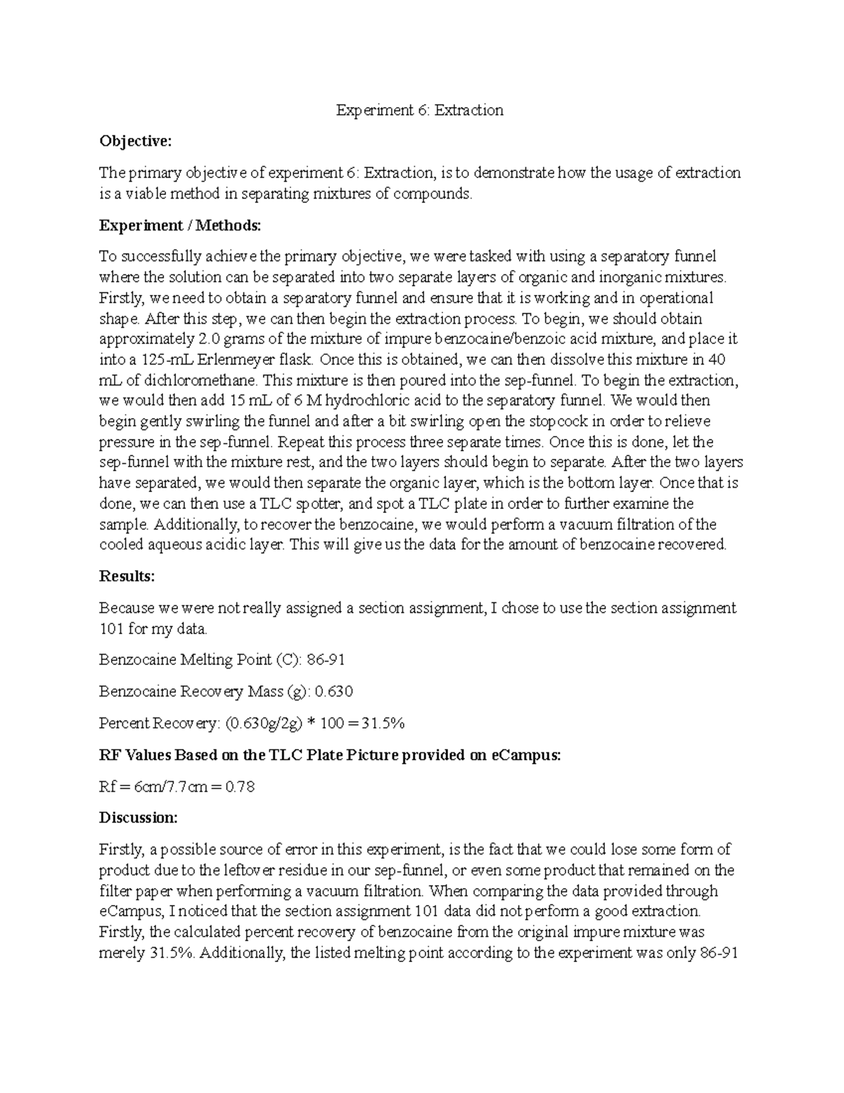 CHEM 237 Experiment 6 - Lab report - Experiment 6: Extraction Objective ...