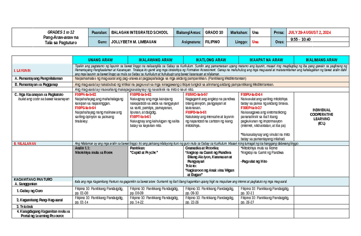 DLL in Filipino 10: Aralin 1 - Mitolohiya at Pandiwa - Studocu