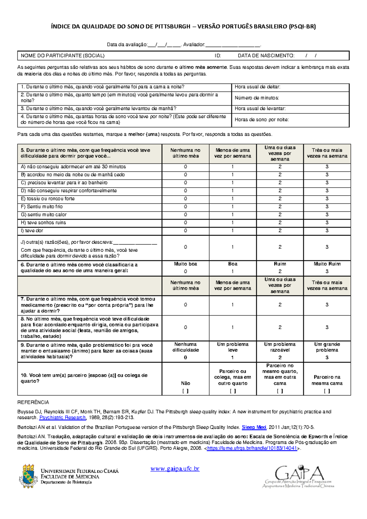Índice de Qualidade do Sono de Pittsburgh - Versão Brasileira (PSQI-BR ...