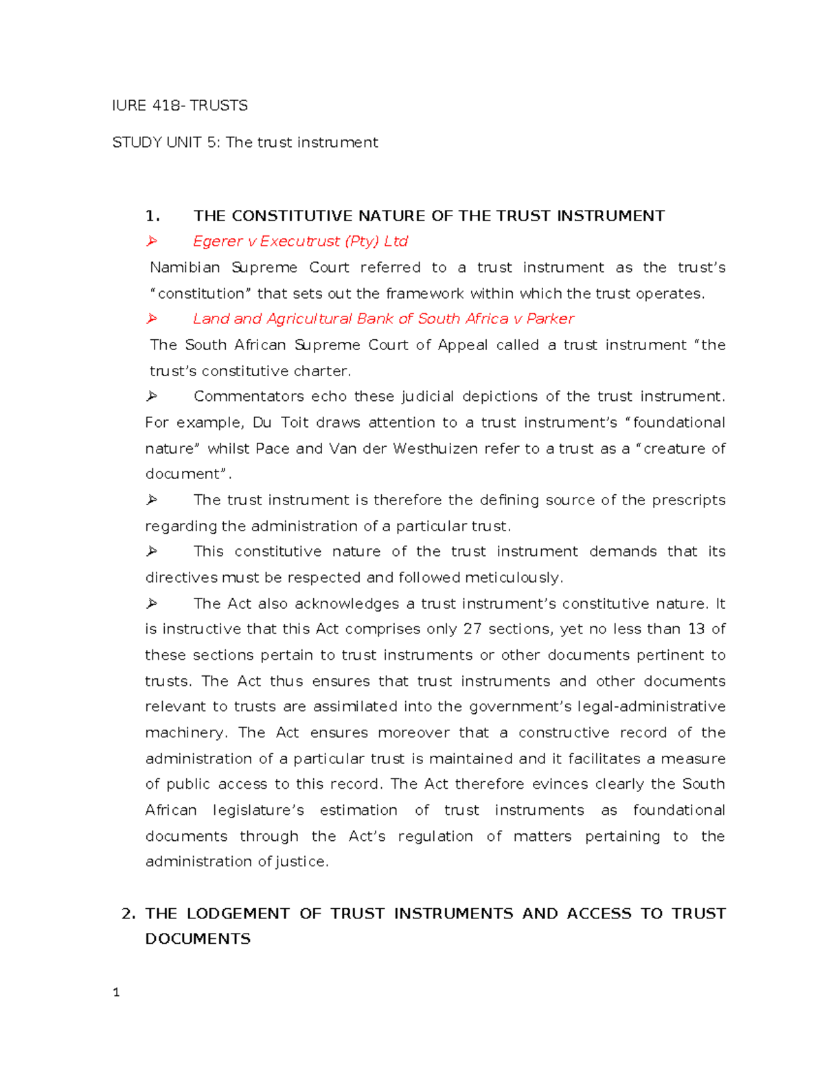 IURE 418 Study Unit 5: Understanding the Trust Instrument and Its ...