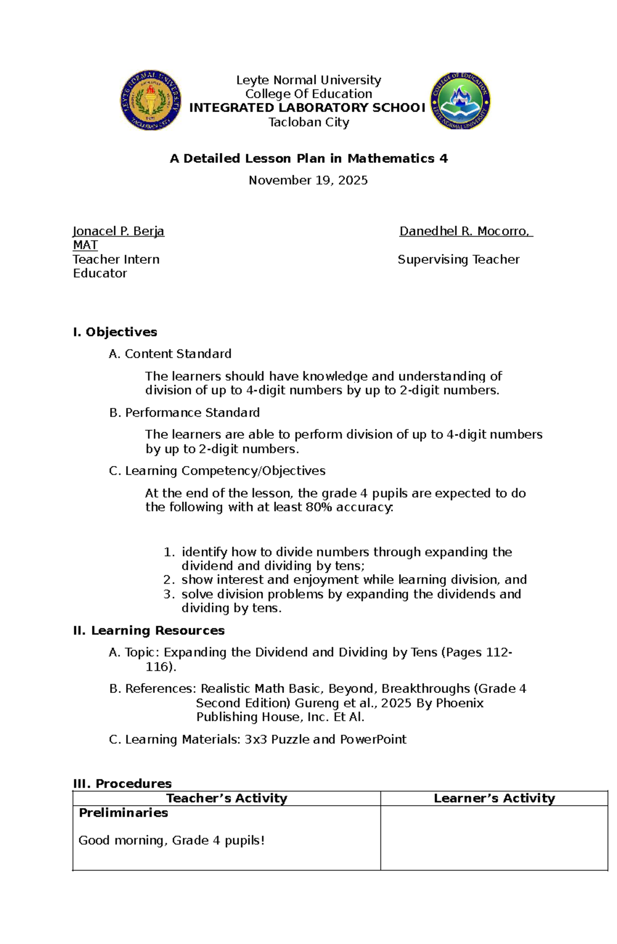 Detailed Lesson Plan: Expanding Dividend & Dividing by Tens (Math 4 ...