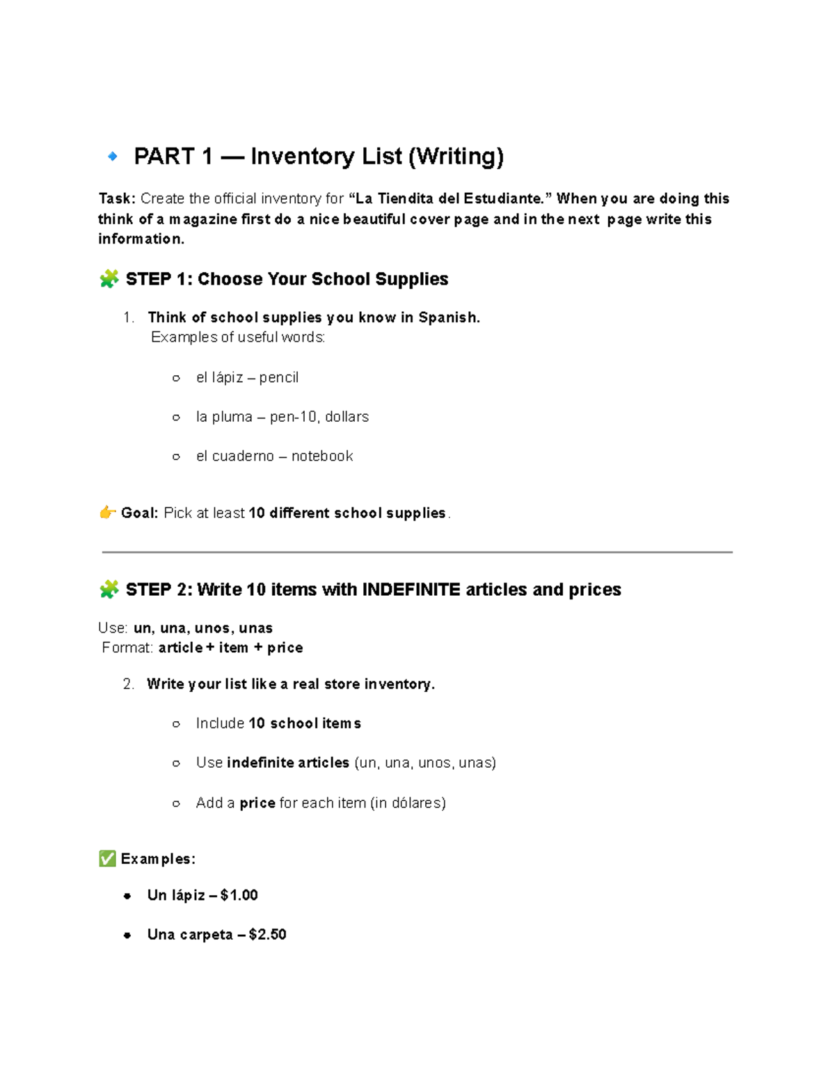 🔹 PART 1 — Inventory List (Writing) for Tiendita del - Studocu