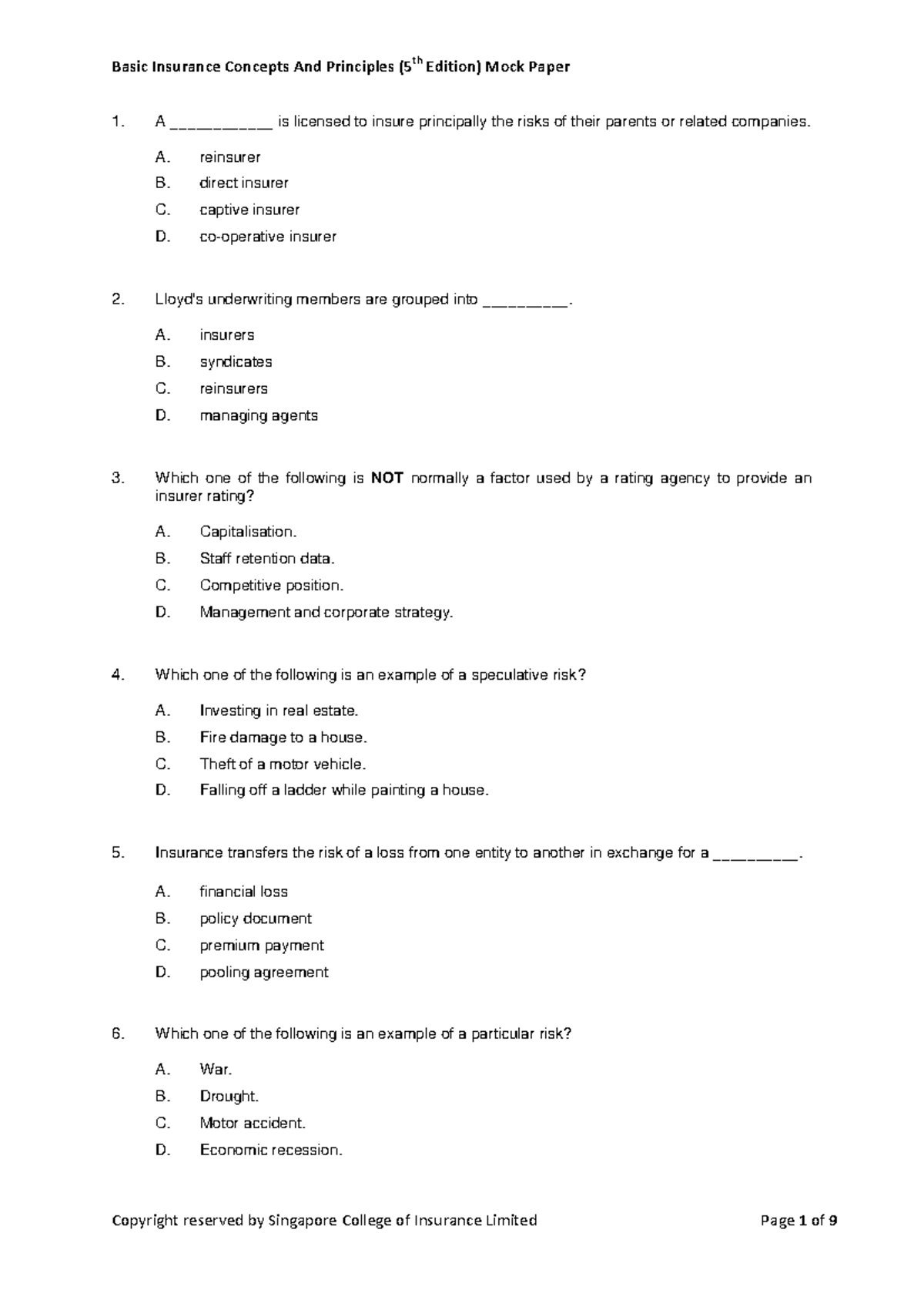 BCP SCI Basic Insurance Concepts & Principles Mock Paper 1-40 - Studocu