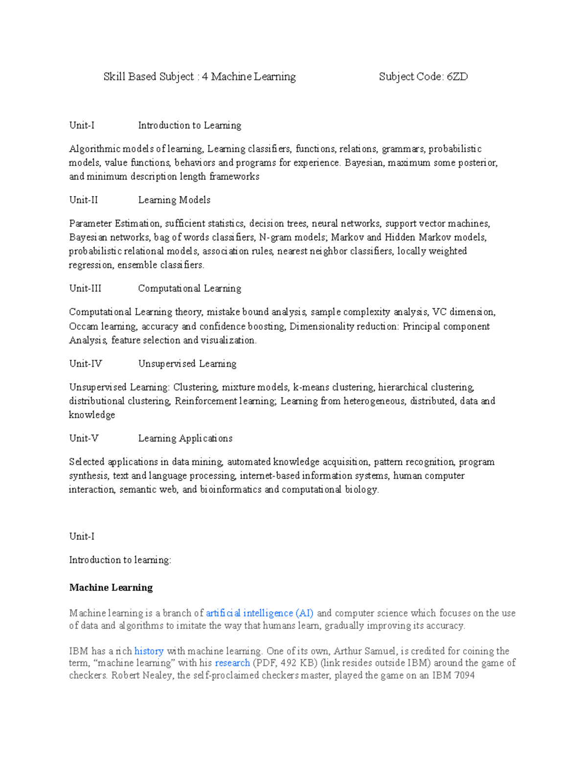 UNIT 1 ML - Introduction to Machine Learning Concepts and Algorithms - Studocu