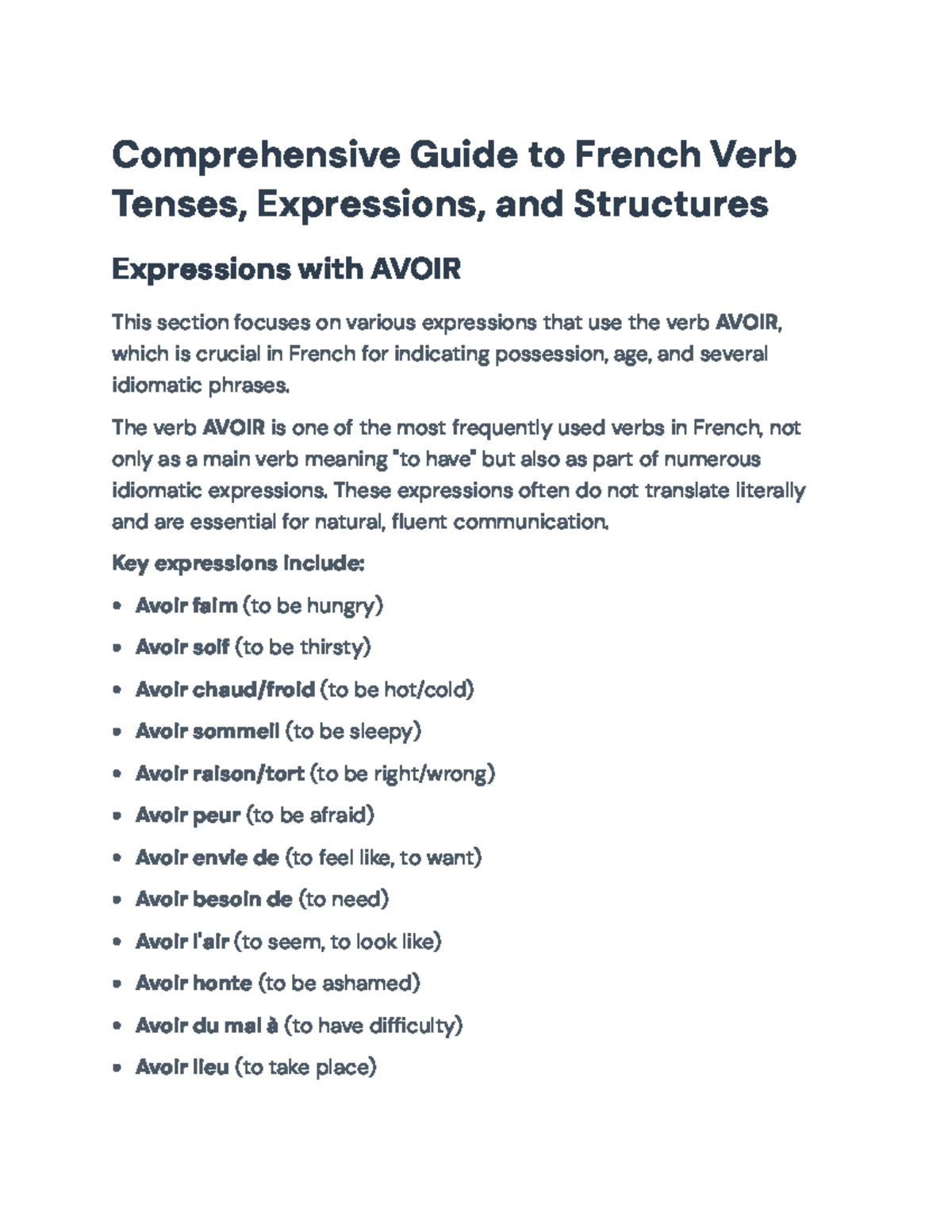 Comprehensive Guide to French Grammar: Verb Tenses & AVOIR Expressions ...