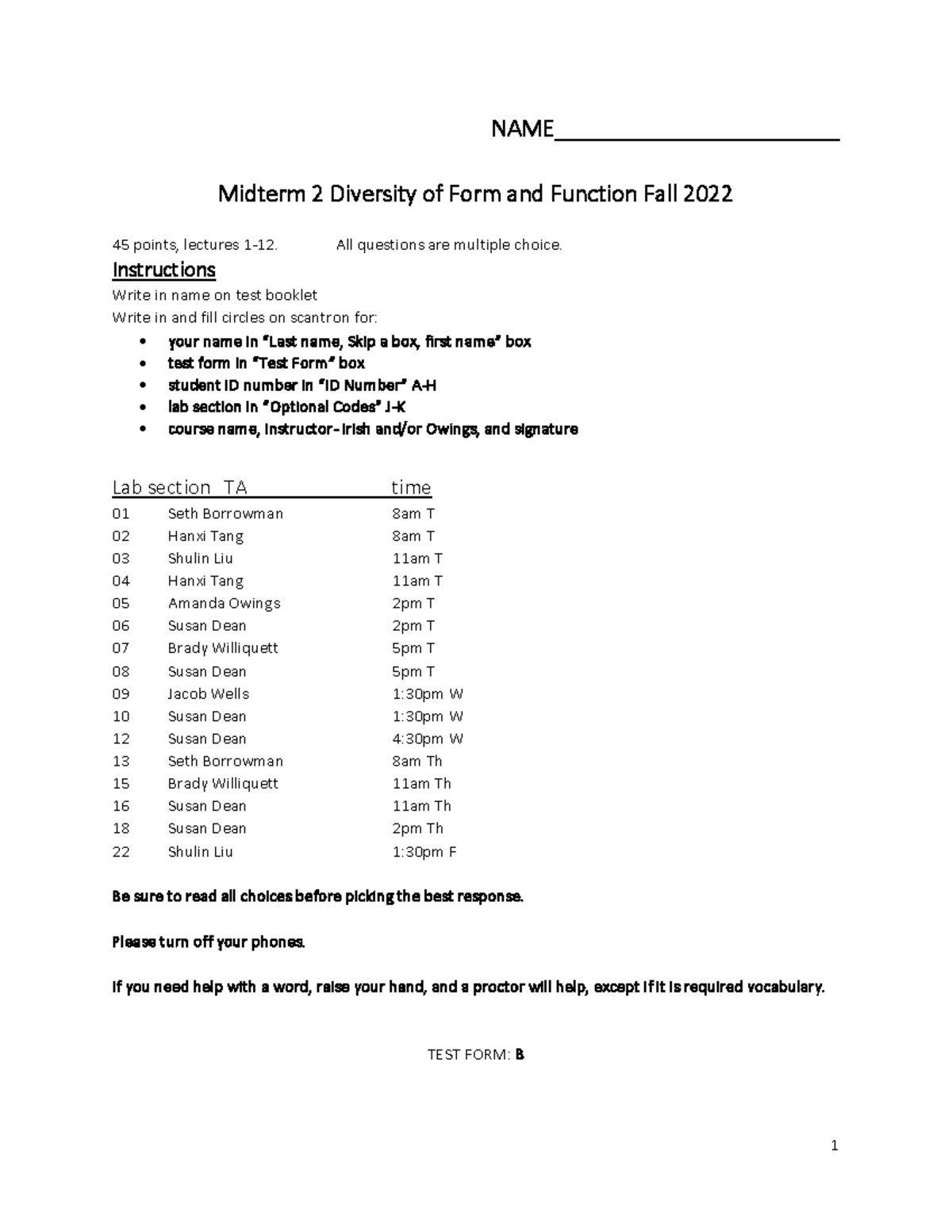 Midterm 2 Form B Key - NAME_______________________ Midterm 2 Diversity ...