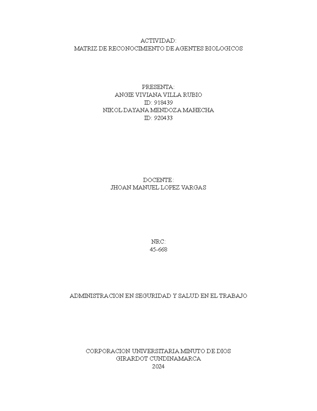 Matriz de Reconocimiento de Agentes Biológicos - RIES U1 - Studocu