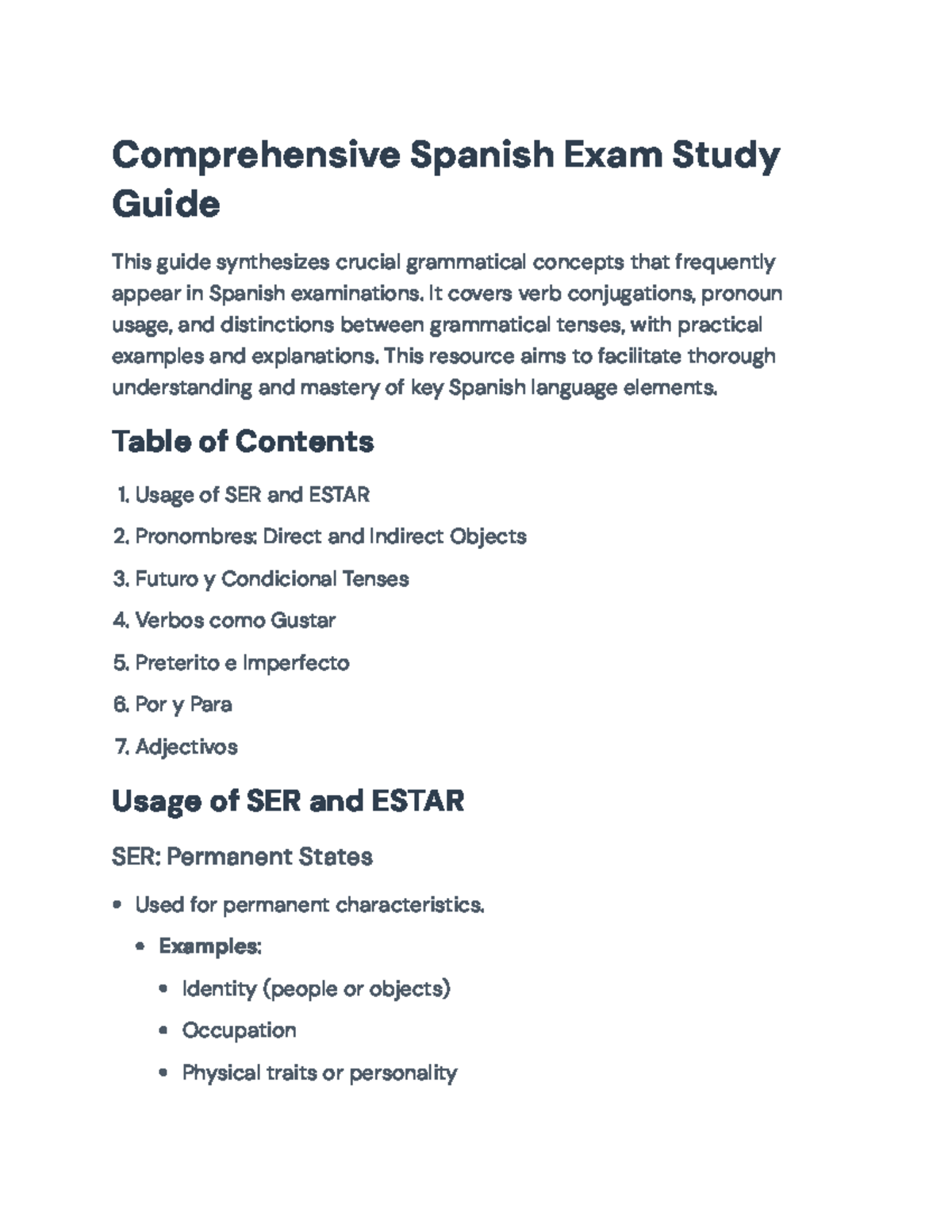 Spanish Grammar Concepts Study Guide - Comprehensive Exam Prep ...