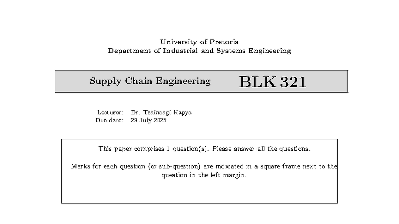 BLK 321 Supply Chain Engineering MPS & MRP Practice 2025 - Studocu