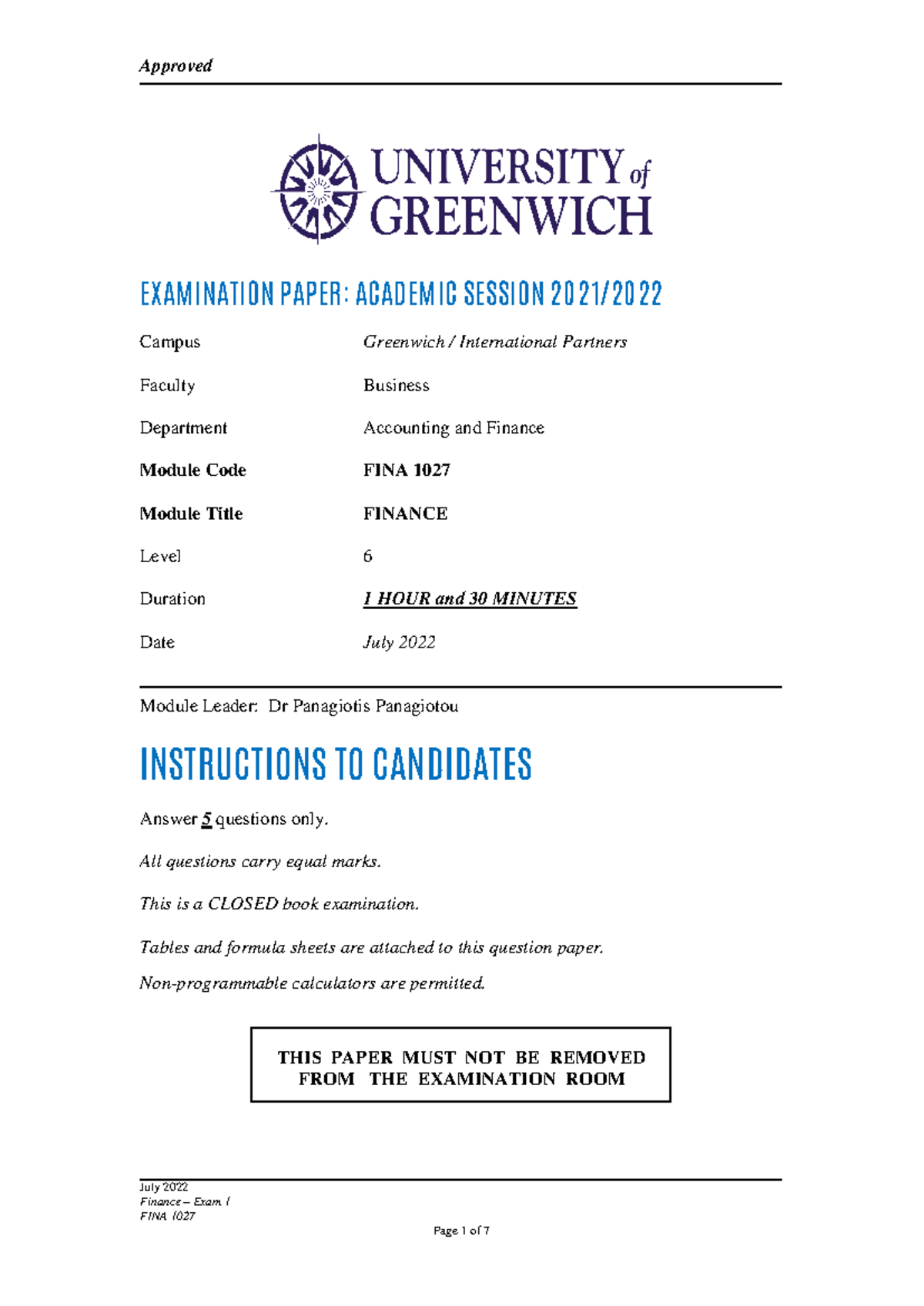 FINA 1027 Final Exam Paper - July 2022 Finance Assessment - Studocu