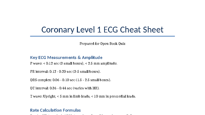 Coronary Level 1 ECG Cheat Sheet for Open Book Quiz - Studocu