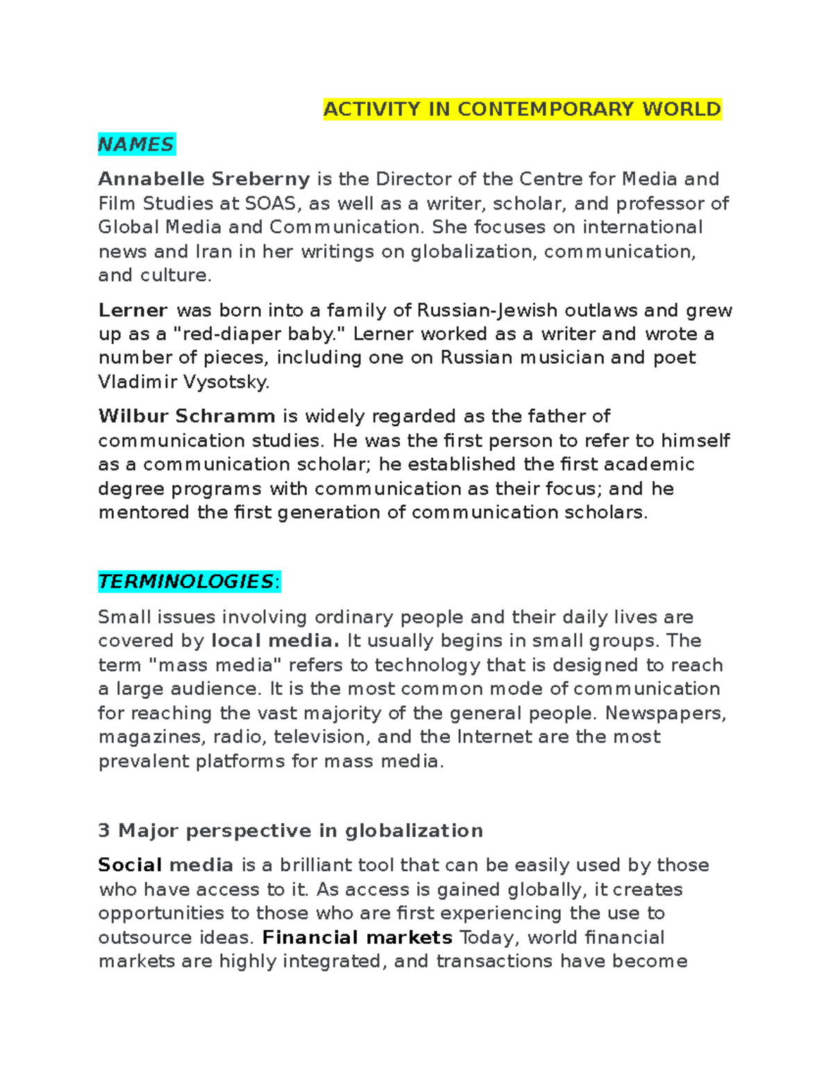 Contemporary world lecture notes - ACTIVITY IN CONTEMPORARY WORLD NAMES ...