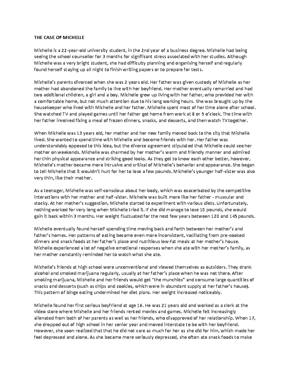 Case Study: Michelle's Struggles with Eating Disorders and Stress - Studocu