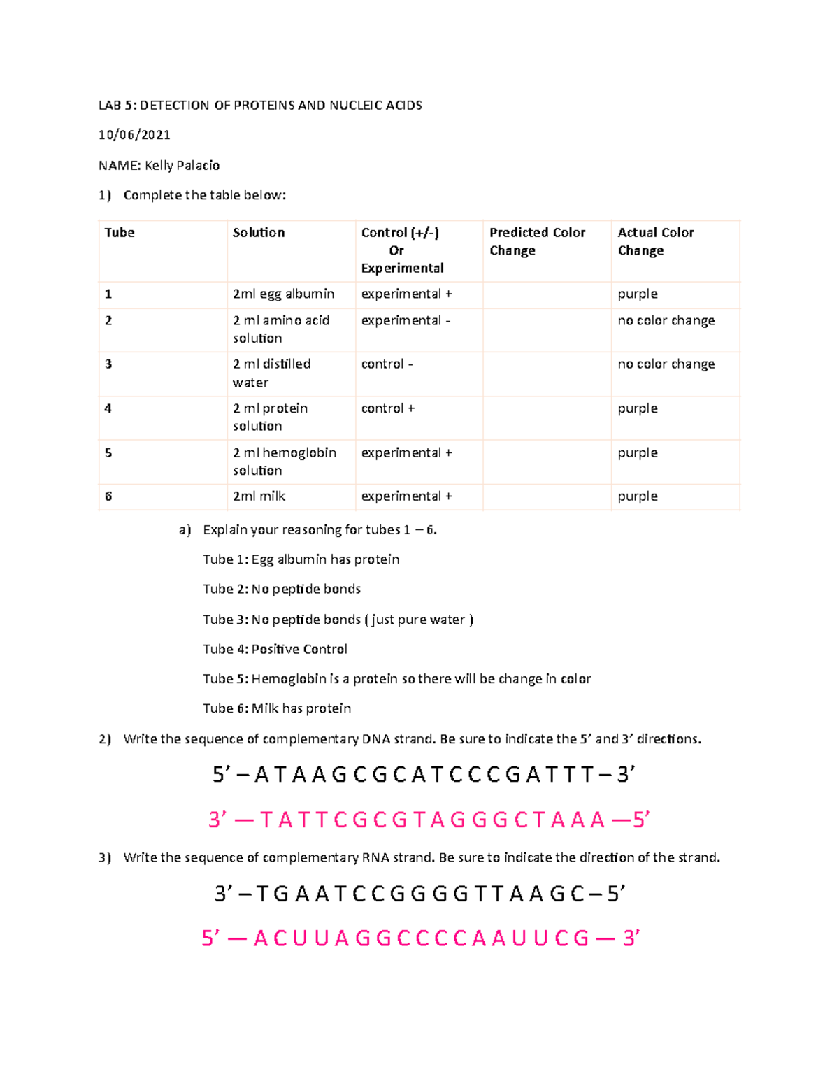 LAB 5 DETECTION OF PROTEINS AND NUCLEIC ACIDS - Tube 1: Egg albumin has ...