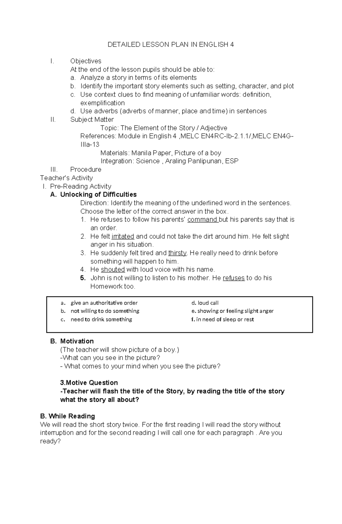 Detailed Lesson Plan for English 4: Exploring Adverbs and Story ...