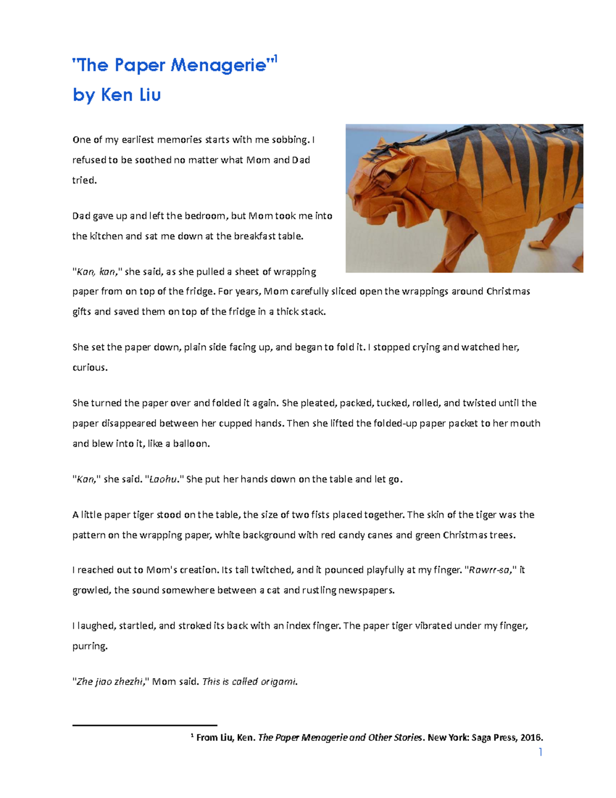 The Paper Menagerie: A Reflection on Identity and Family Dynamics - Studocu