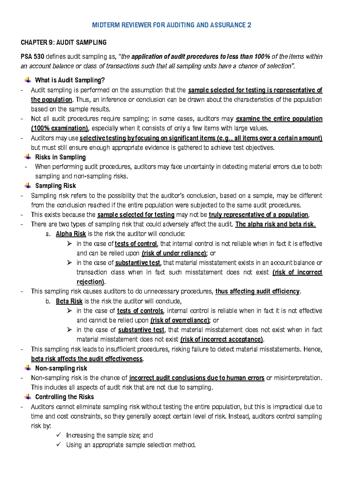 Midterm Reviewer for Auditing and Assurance 2: Chapter 9 - Audit Sampling - Studocu
