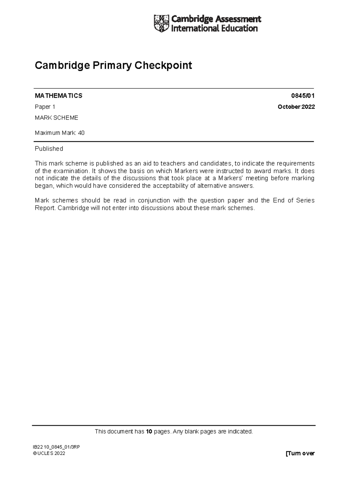 Cambridge Primary Checkpoint MATHEMATICS Paper 1 Mark Scheme - Oct 2022 ...