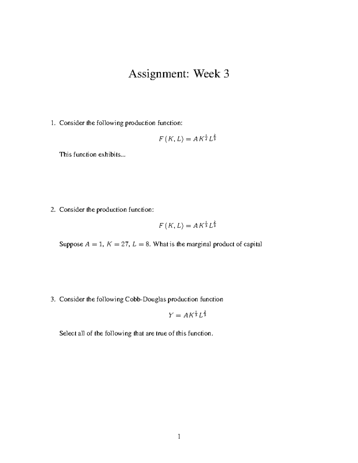 Week 3 Assignment: Analyzing Production Functions and Marginal Products ...