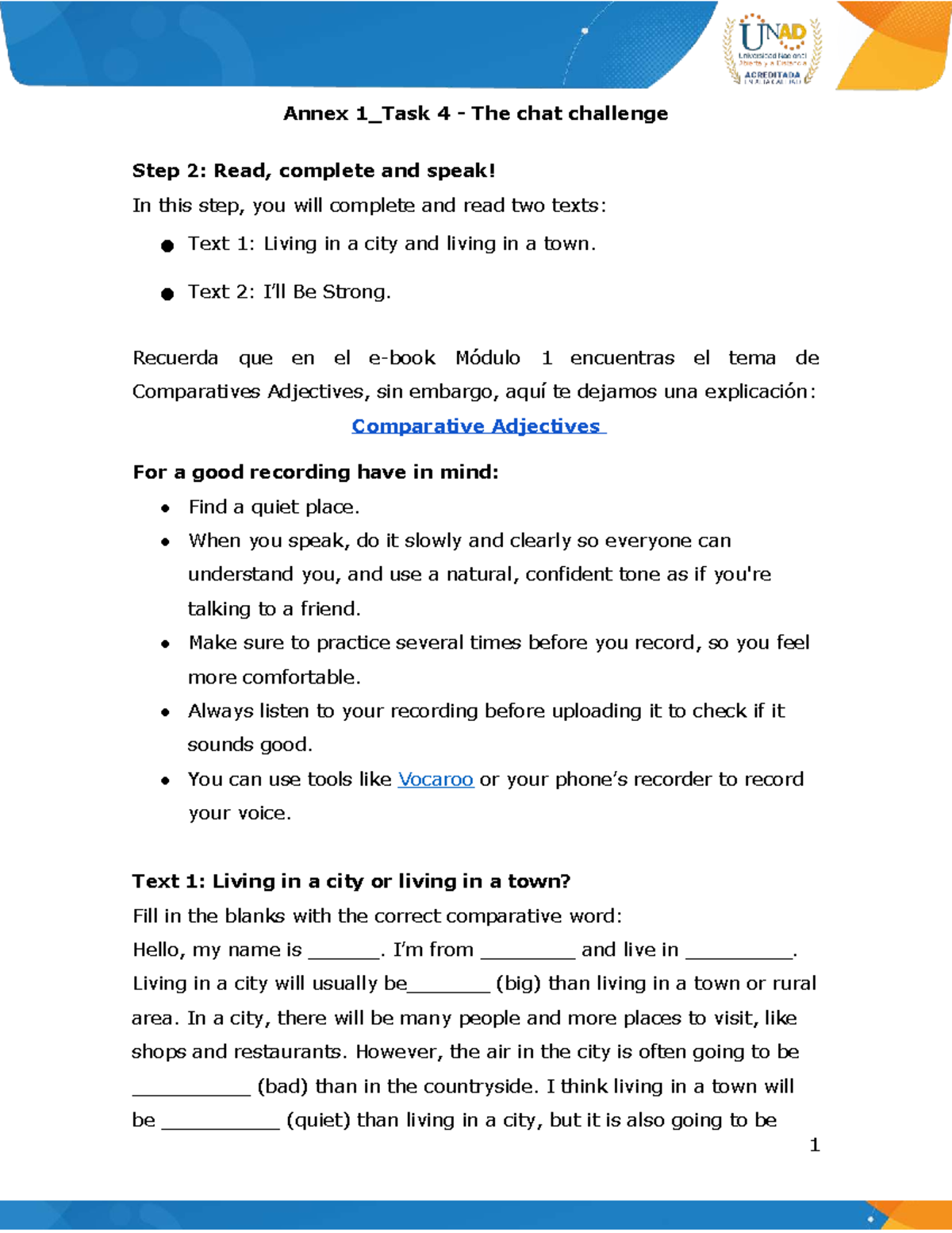 Annex 1 Task 4 - The Chat Challenge: Comparative Adjectives & Recording ...