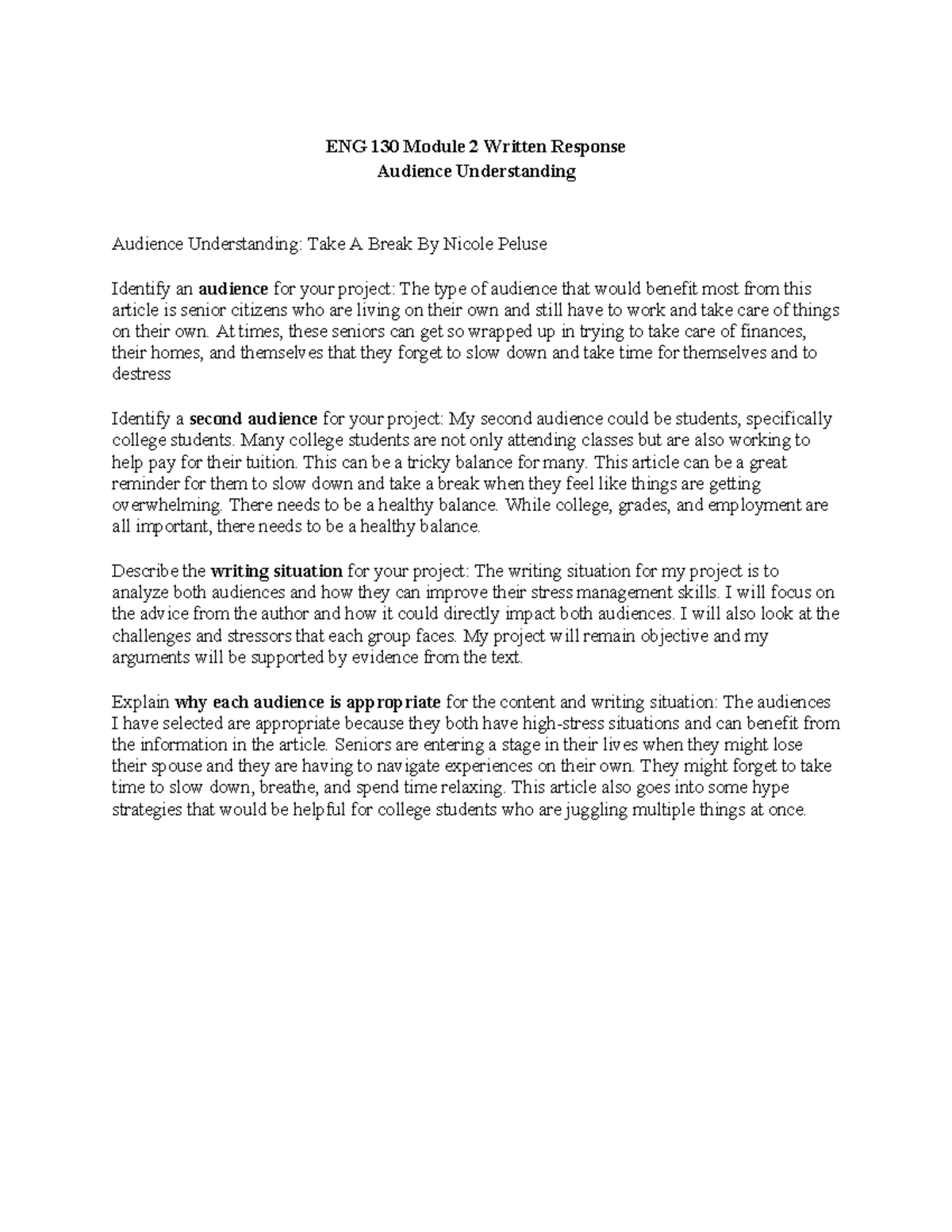 ENG 130 Module 2 Written Response: Audience Analysis on Stress ...