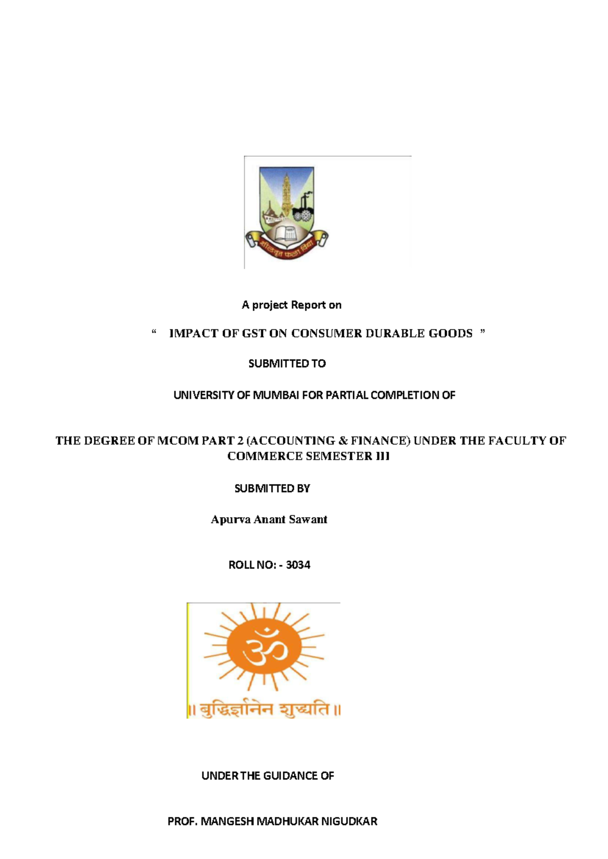 Impact of GST on Consumer Durables: Project Report for MCOM Part 2 - Studocu