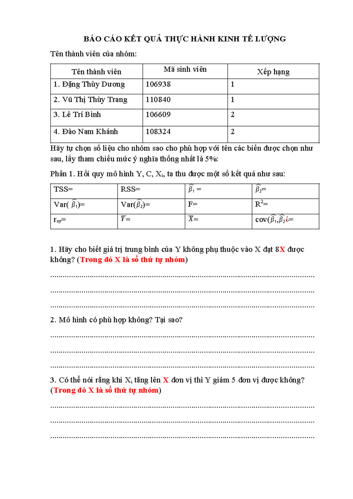 Báo cáo Thực Hành Kinh Tế Lượng Nhóm 7 - KTL N13 - Studocu