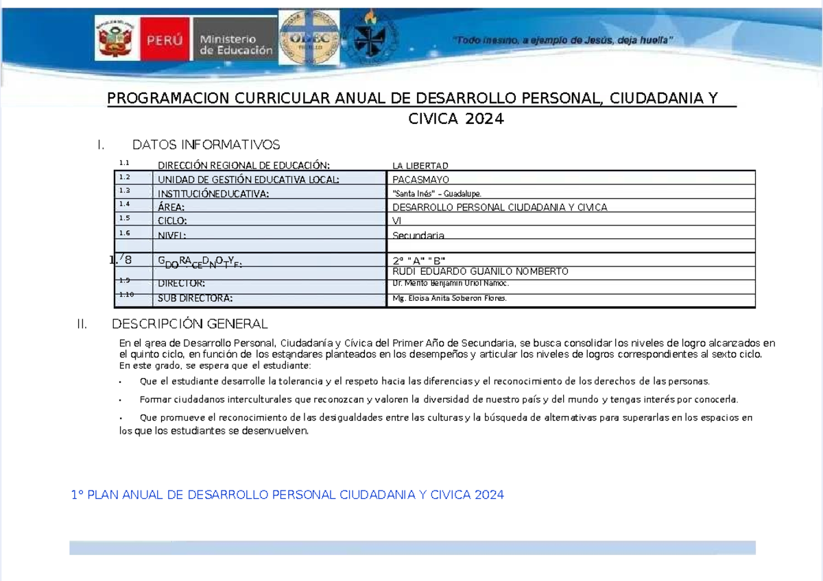 PLAN ANUAL DPCC 2024: DESARROLLO PERSONAL Y CIUDADANÍA - Studocu