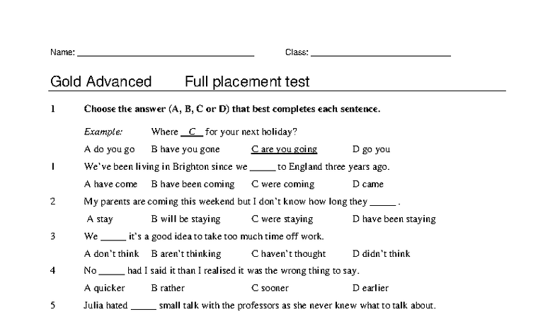 GOLD ADVANCED Full Placement Test - Comprehensive Practice - Studocu