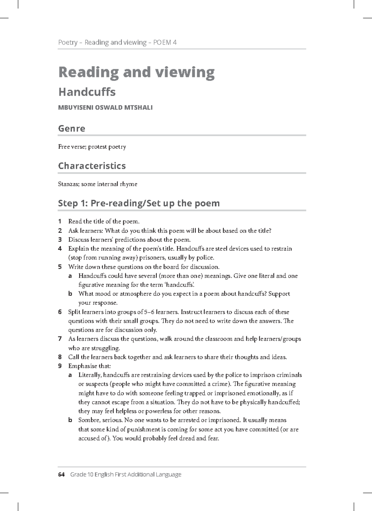 Grade 10 English Lesson Plan: Exploring 'Handcuffs' Poem Analysis - Studocu