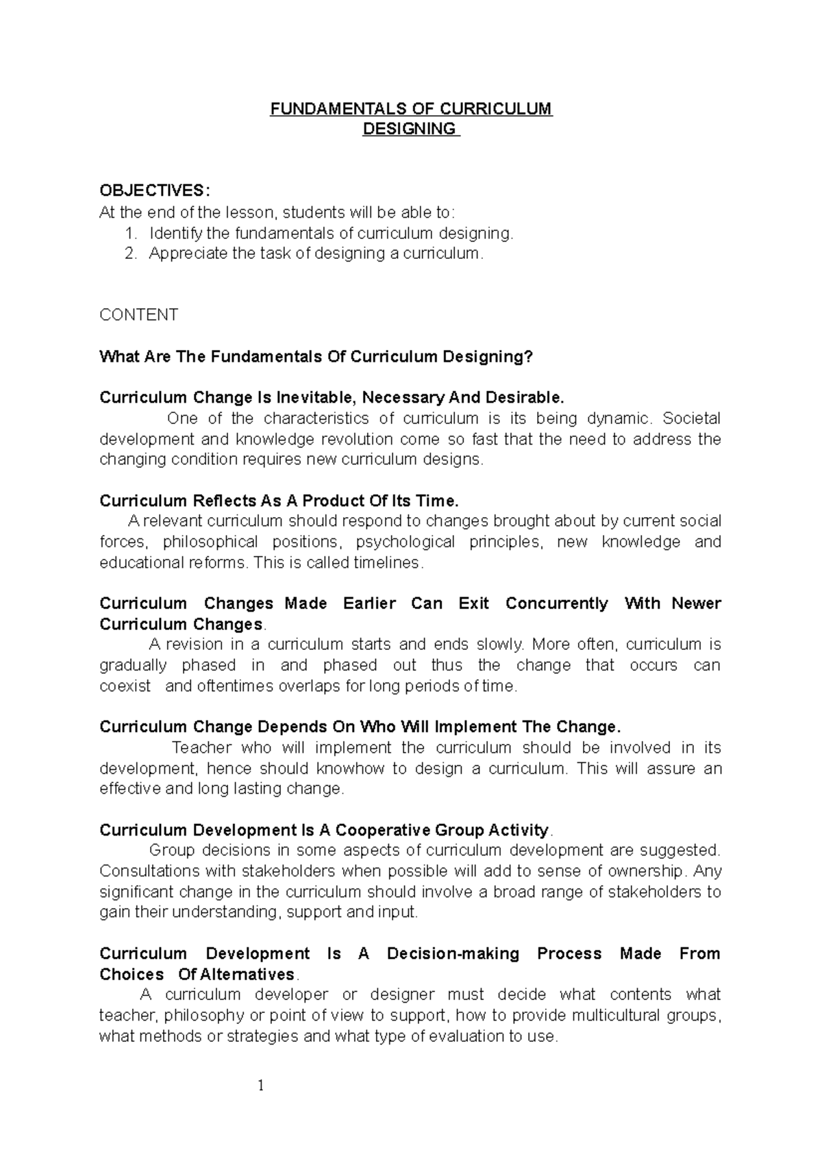 EDUC 101 - Lecture Notes on Fundamentals of Curriculum Design - Studocu