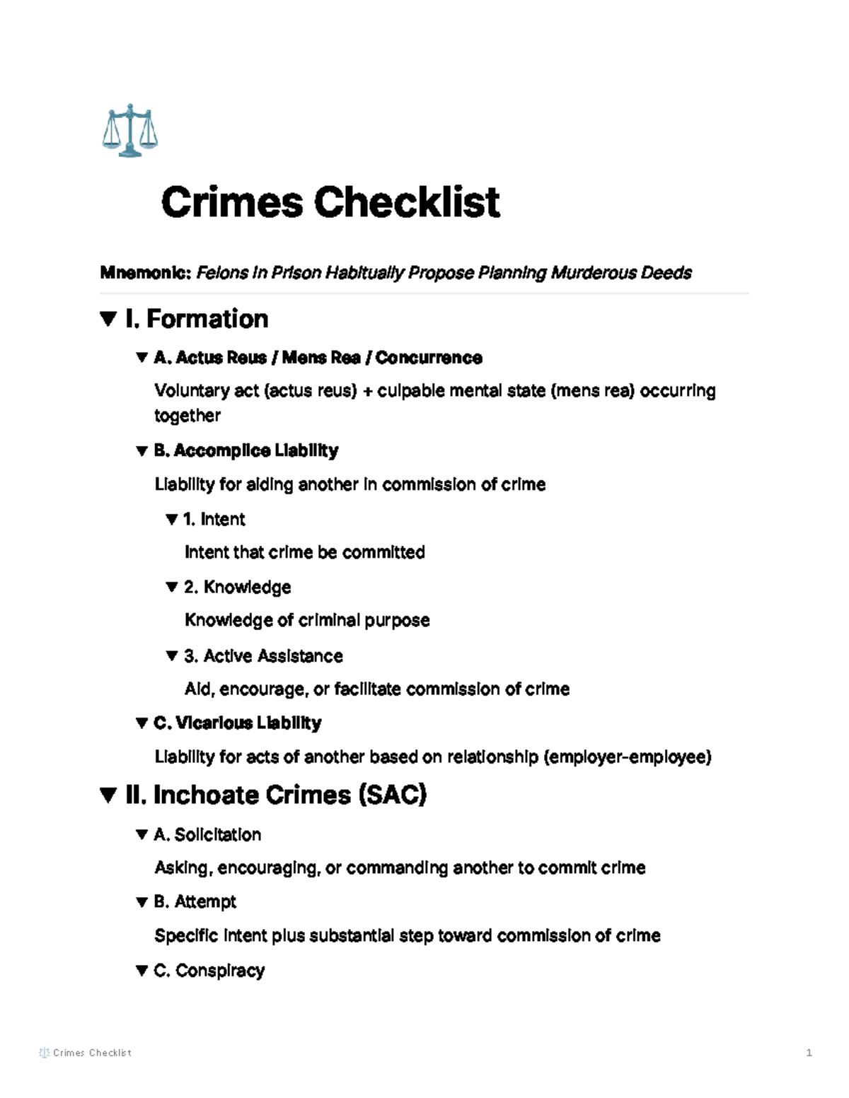 Criminal Law Outline: Comprehensive Crimes Checklist (CL 101) - Studocu