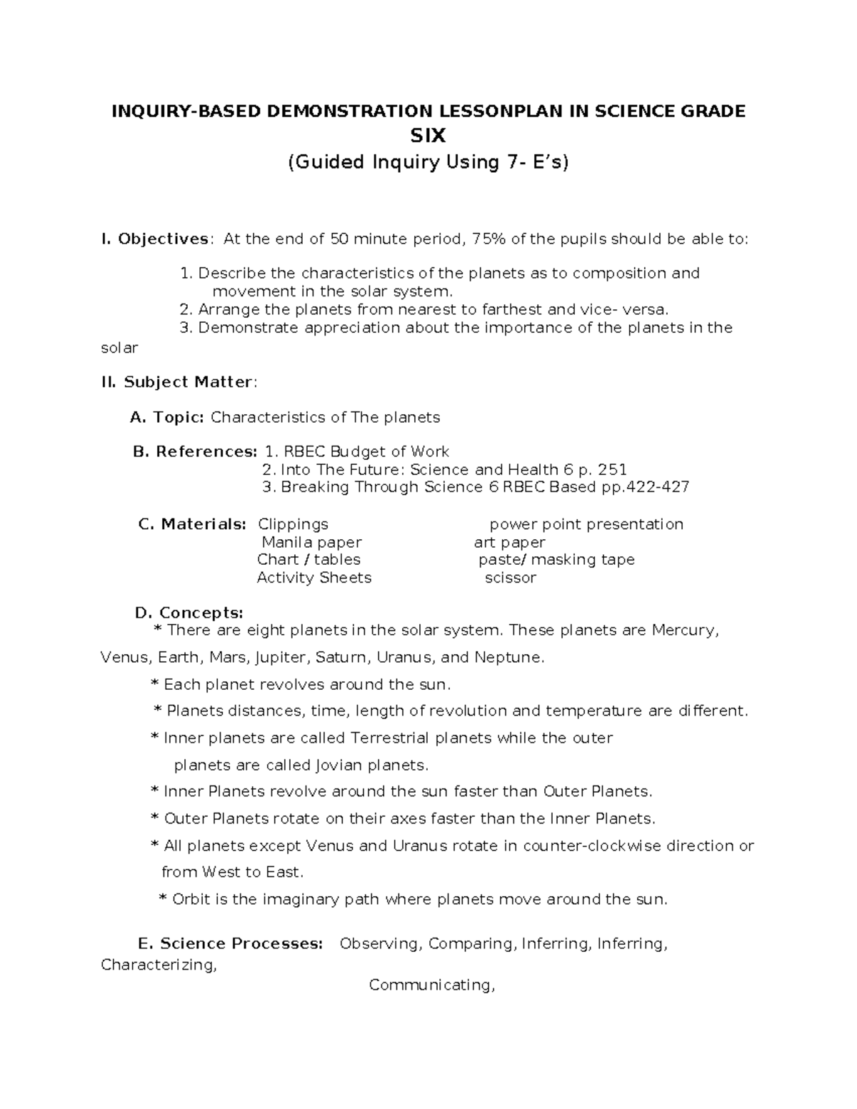 7 ES Science 6 Lesson Plan: Guided Inquiry on Planet Characteristics ...