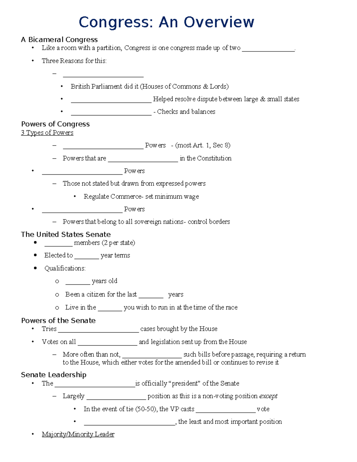 01 - Congress Intro Guided Notes: Structure, Powers, and Leadership ...