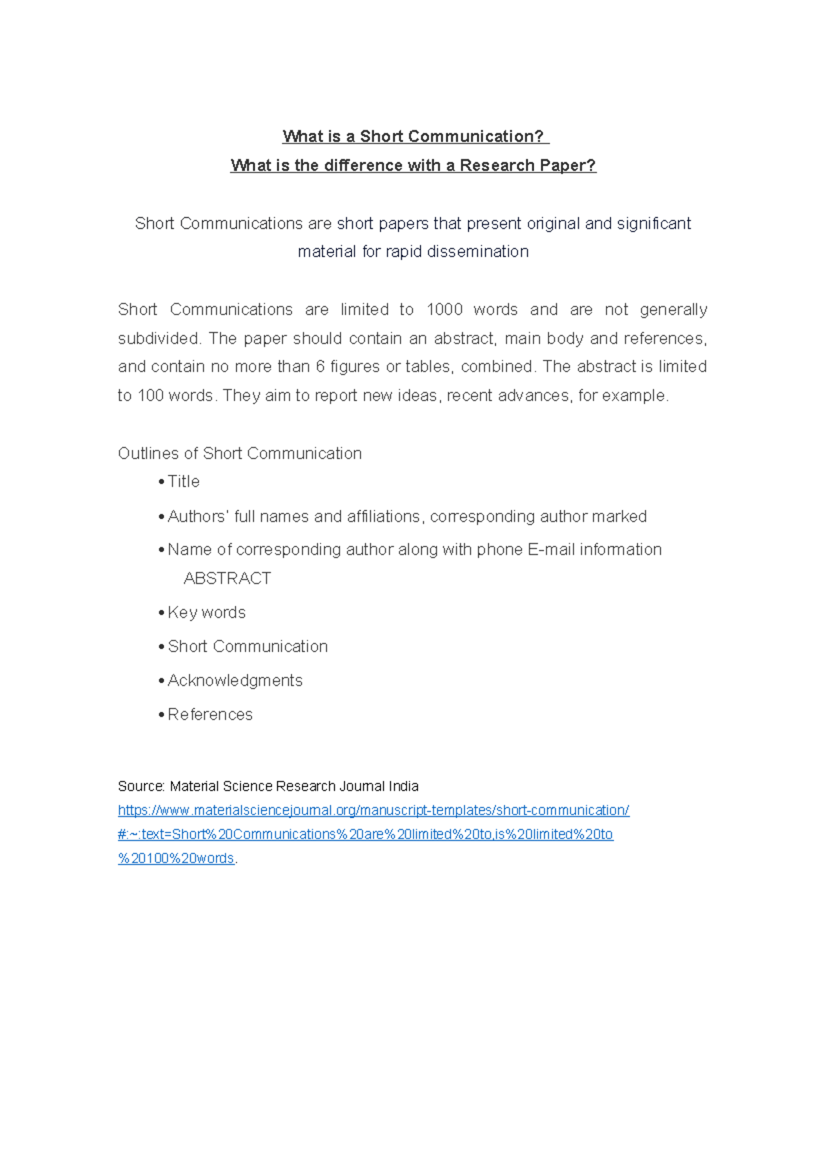 Short Communication Overview: Key Differences from Research Papers ...