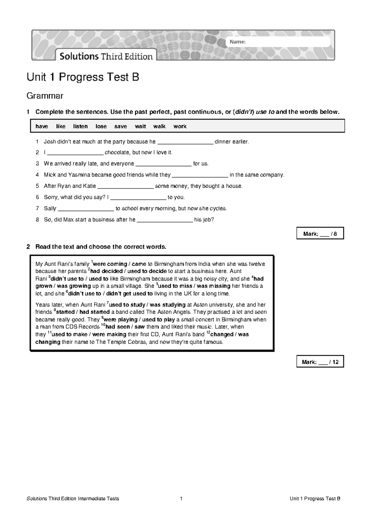 Unit 1 Progress Test B (Sol3e) - Grammar, Vocabulary & Reading - Studocu