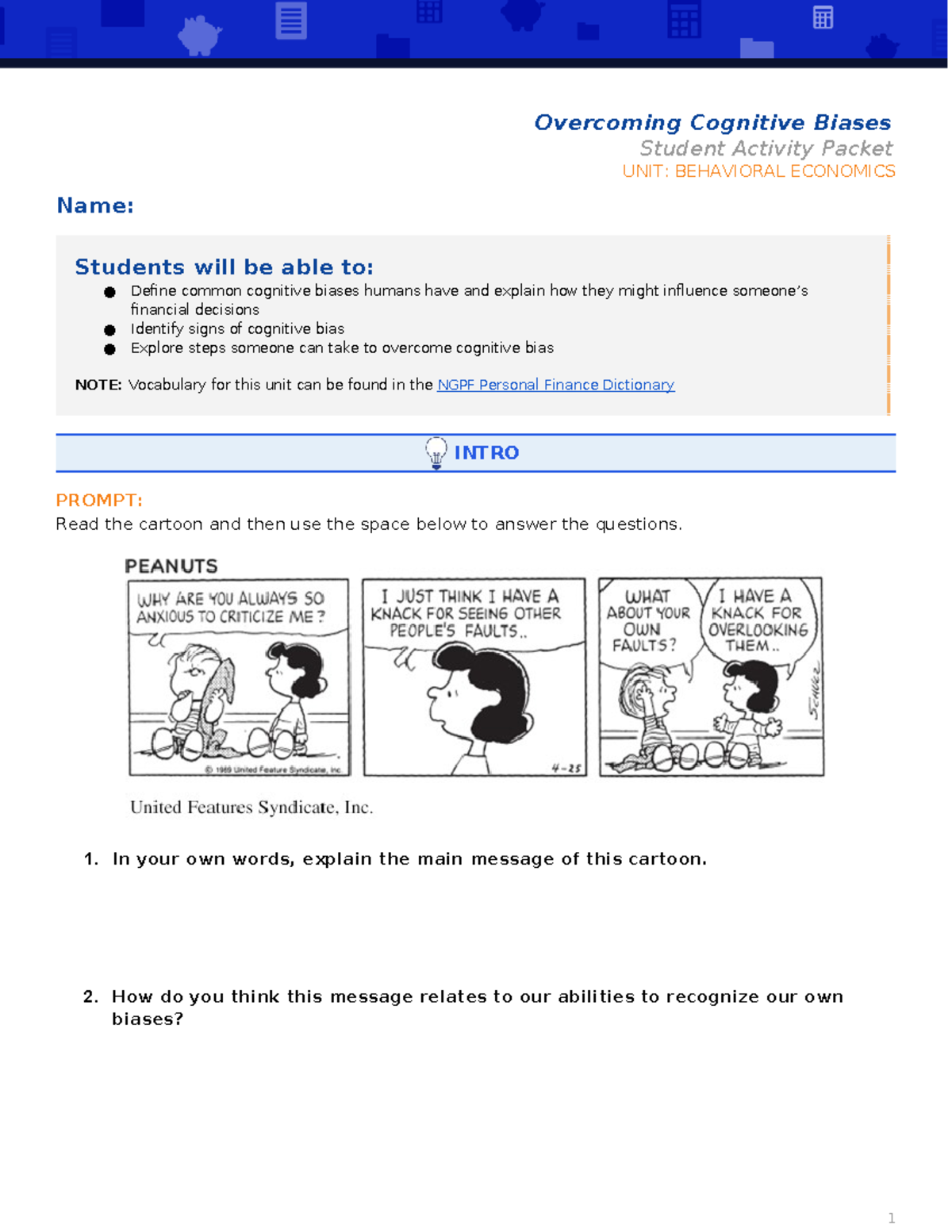 Overcoming Cognitive Biases: Student Activity Packet for BEHAVIORAL ...