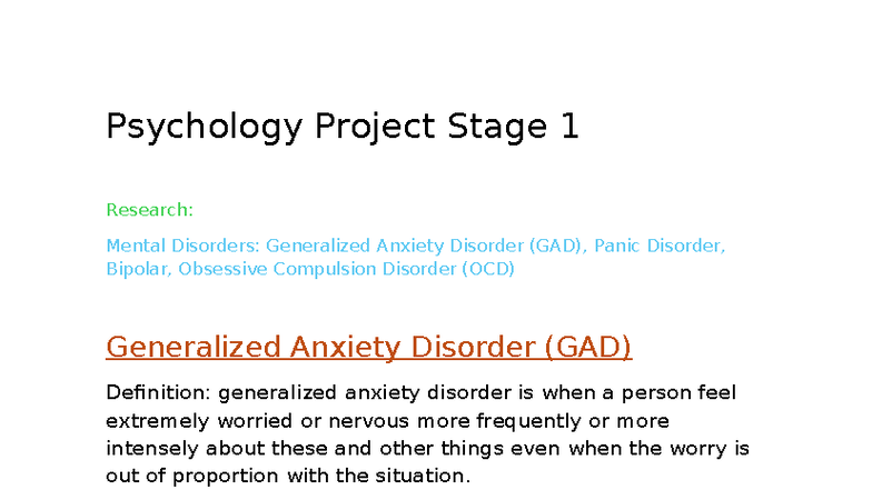 Psychology Project Stage 1: Research on GAD, Panic Disorder, Bipolar ...
