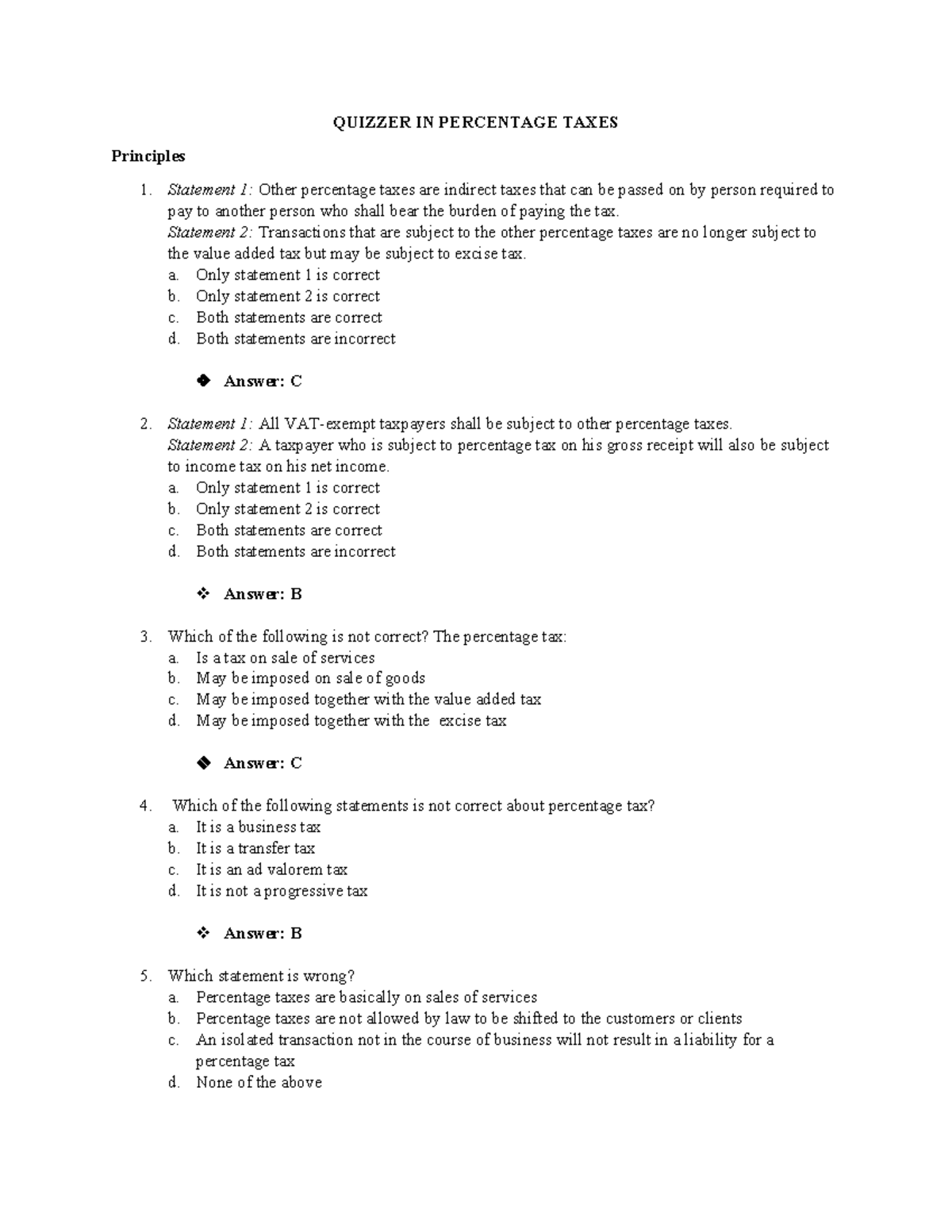 Percentage Tax Quiz with Answers for Taxation Course 101 - Studocu