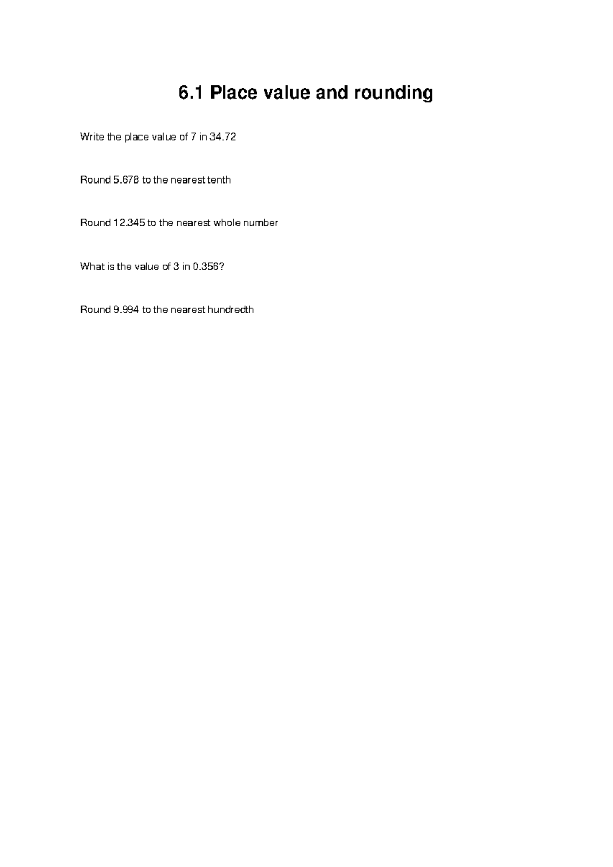 Unit 6 Decimals Worksheet: Place Value, Rounding & Operations - Studocu