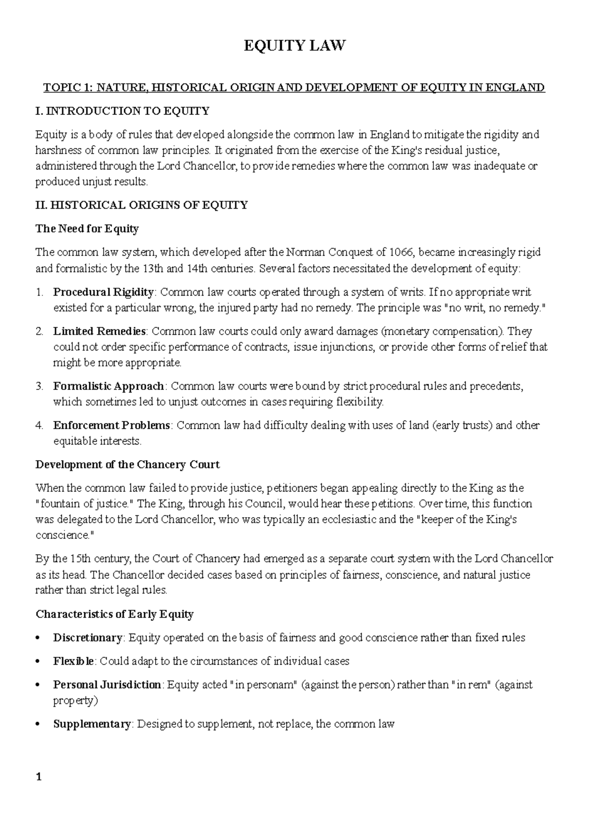 EQUITY LAW NOTES: NATURE, ORIGINS, AND MAXIMS OF EQUITY - Studocu