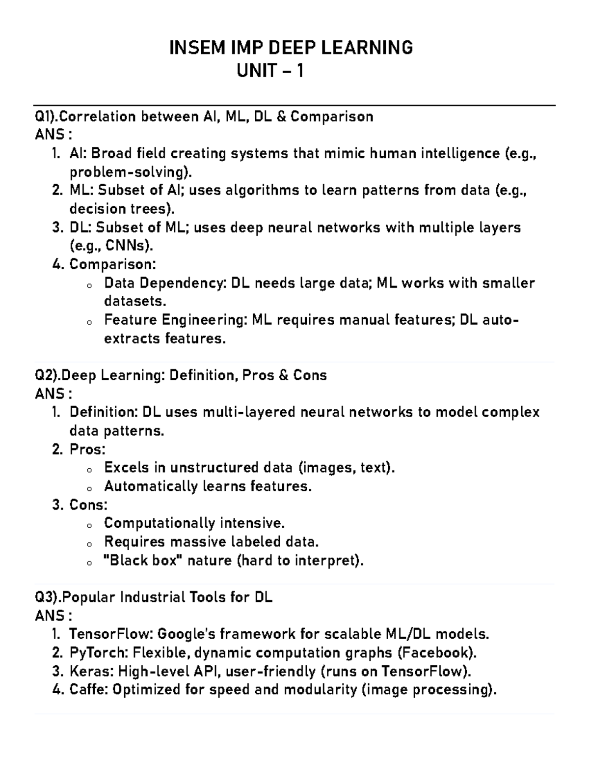 Insem IMP DEEP Learning UNIT 1 - INSEM IMP DEEP LEARNING UNIT – 1 Q1).Correlation between AI, ML ...