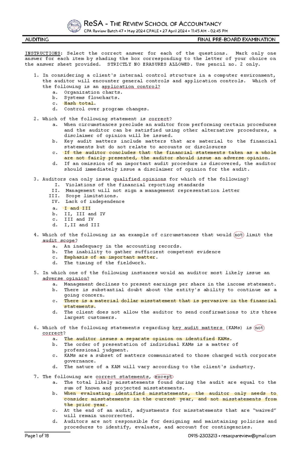 ReSA B47 CPA Review AUDITING Final Exam Questions & Answers - Studocu