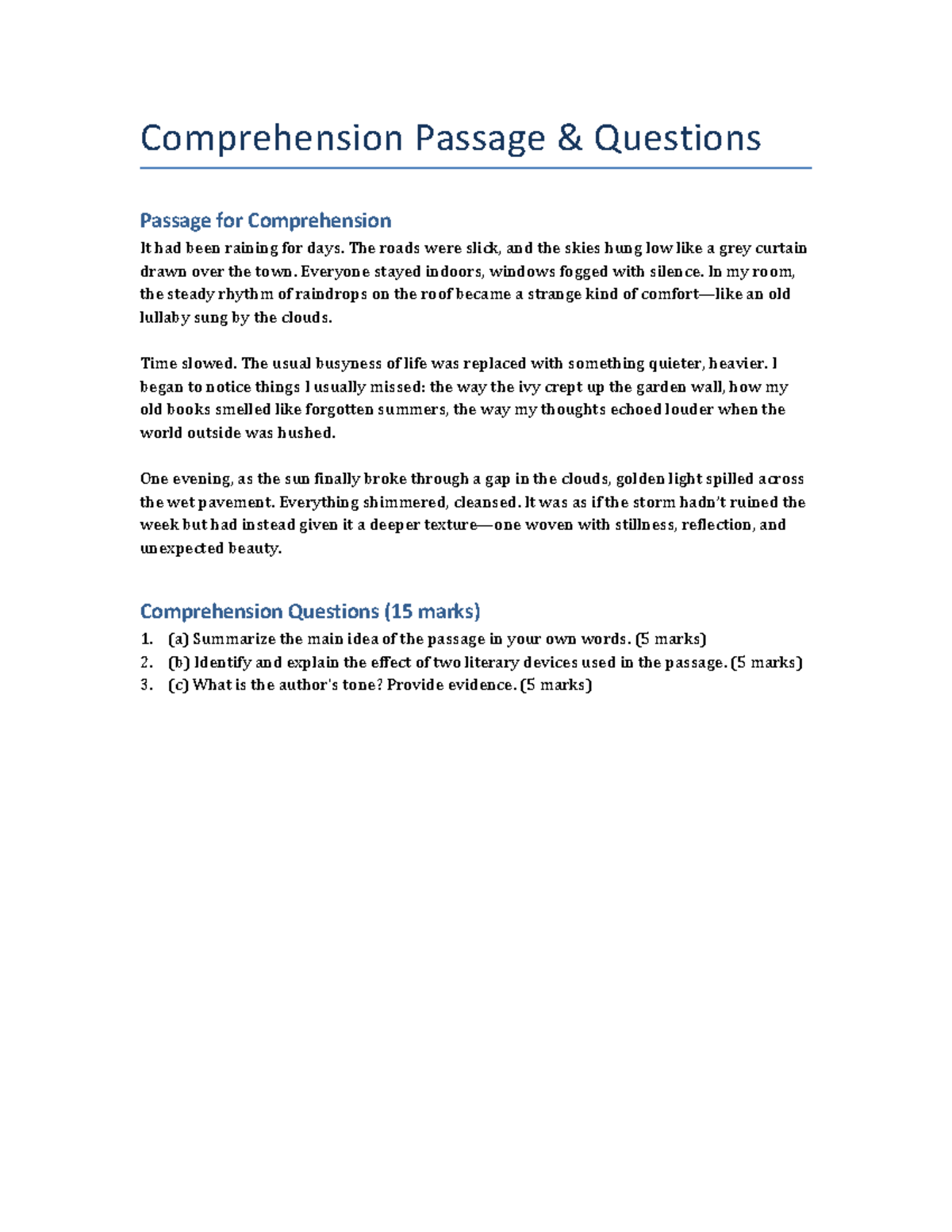 IGCSE English Class 12: Comprehension Passage Questions - Studocu
