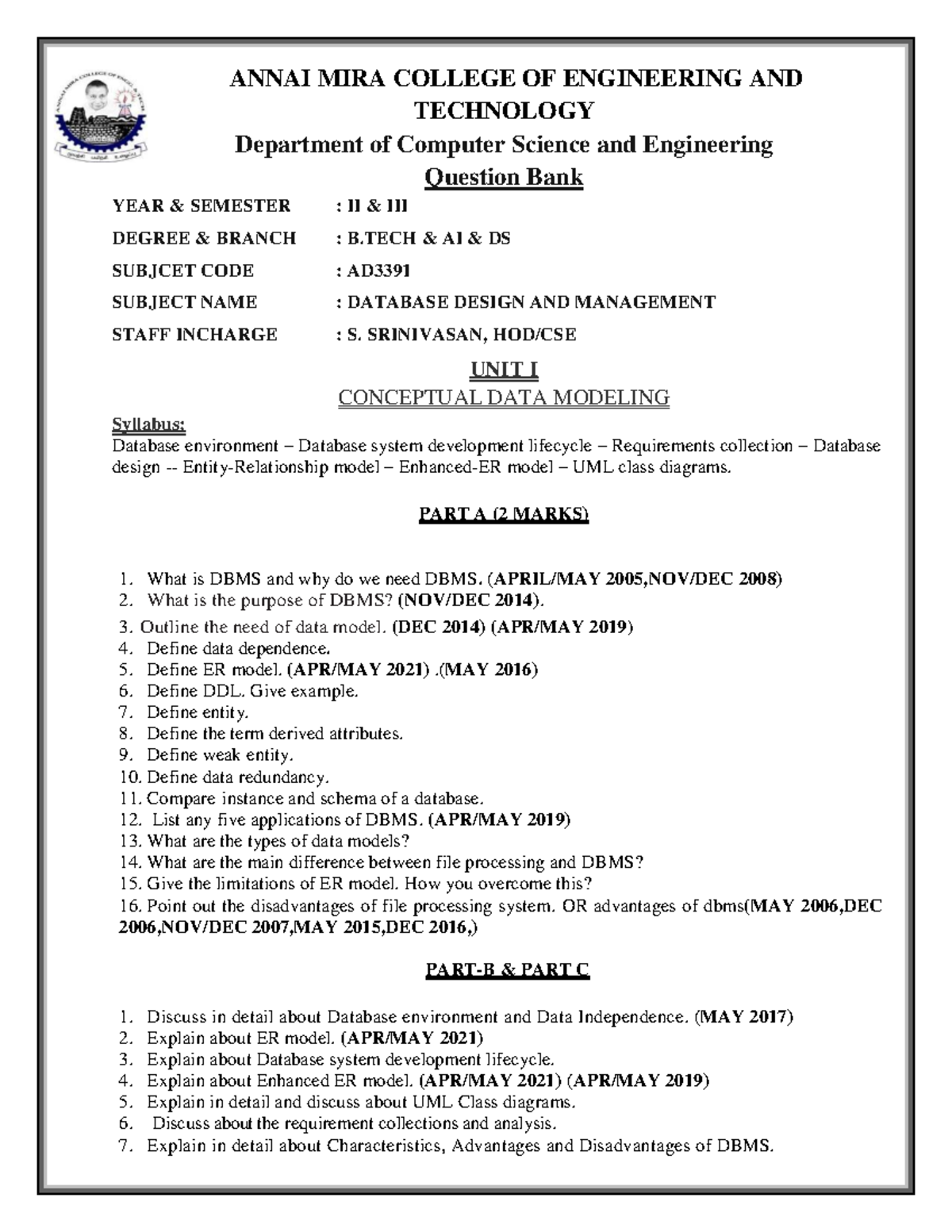 II AI DBDM QB 2022 - Question Bank for Database Design and Management ...