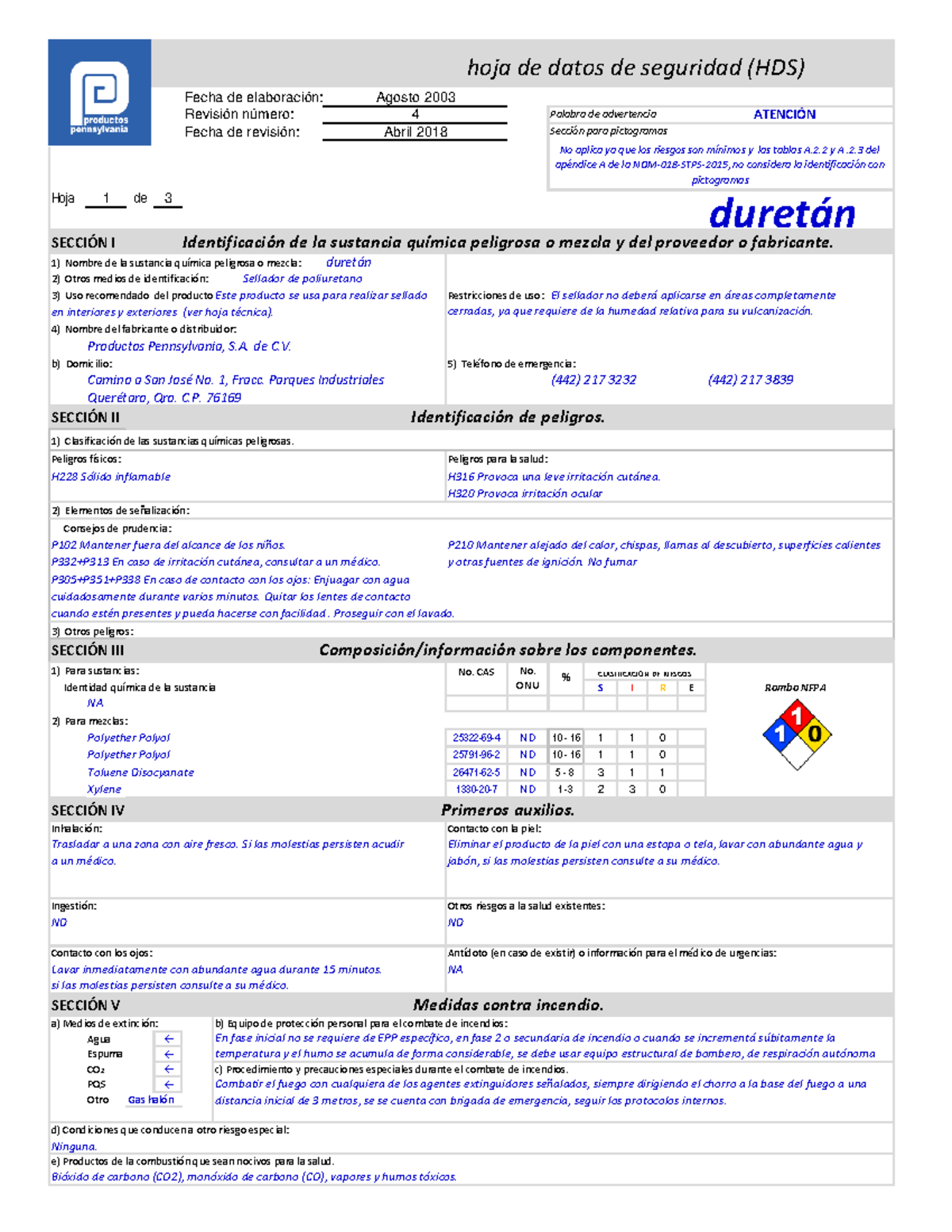 Hoja de Datos de Seguridad del Duretán - Producto Químico Peligroso ...