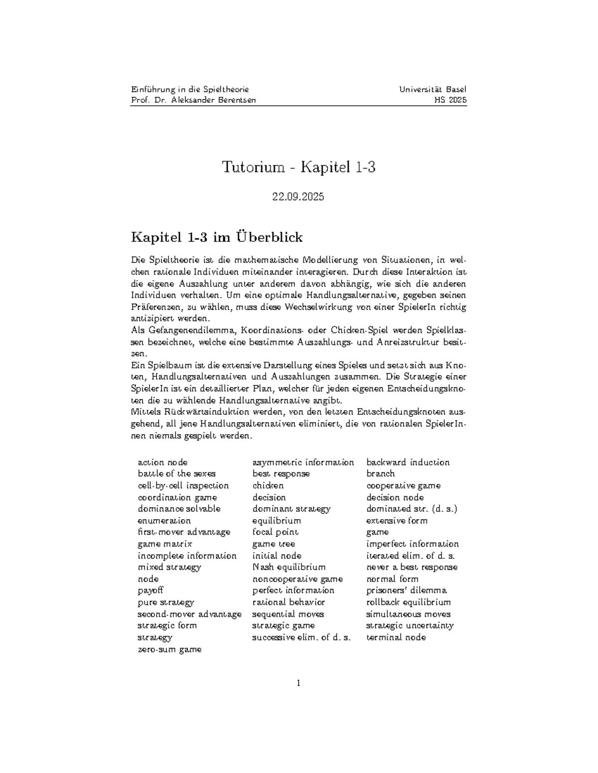 Uebungen zur Spieltheorie: Kapitel 1-3 - Prof. Dr. Berentsen HS 2025 ...