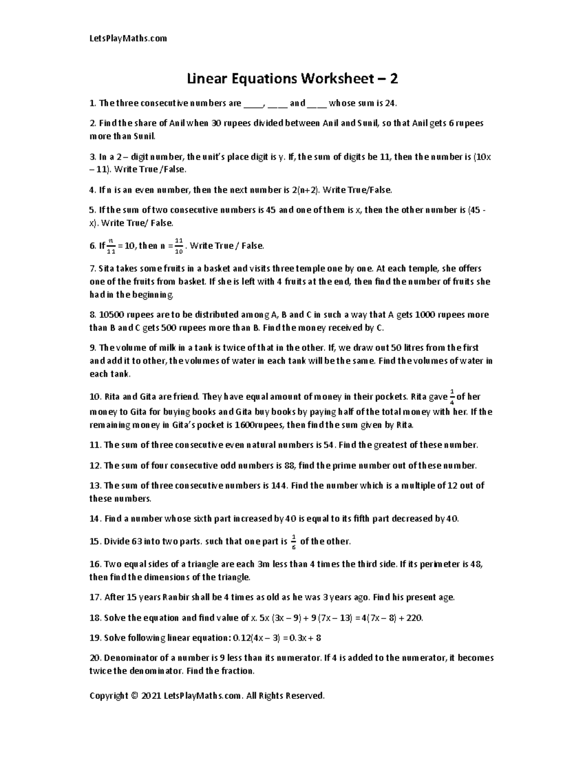 Linear Equations Worksheet 2 - LetsPlayMaths.com - Studocu